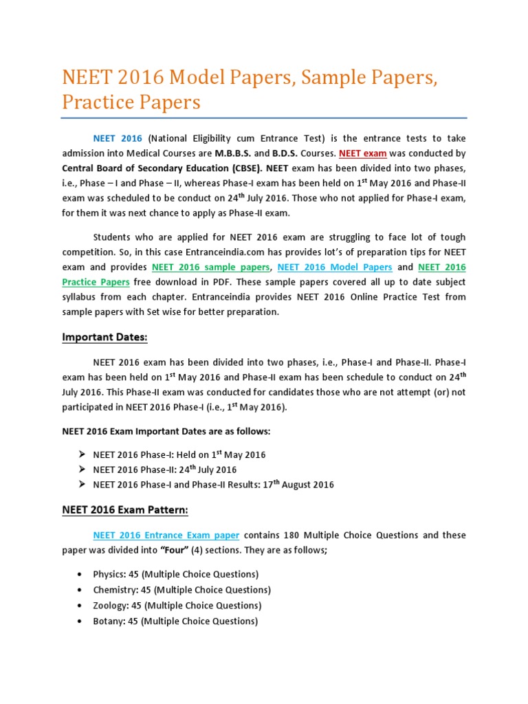 NEET 2016 Sample and Model Papers | PDF | Multiple Choice | Test ...