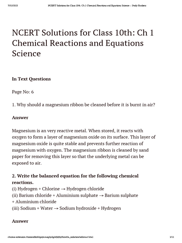 CBSE CHEMISTRY Class 10 - Chapter1. Chemical Reactions and Equations ...