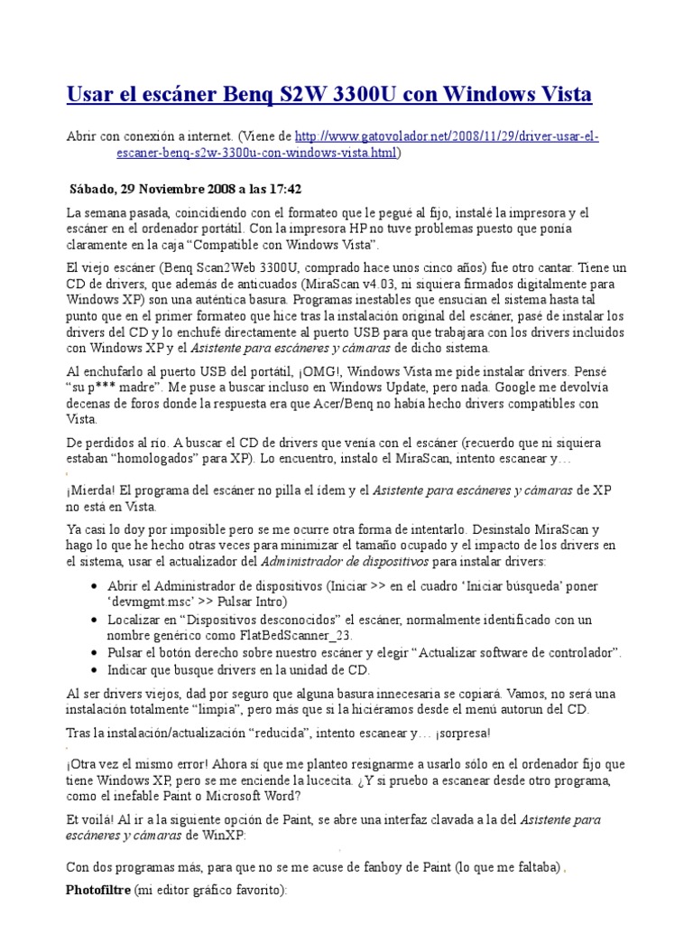 Como Usar El Escáner Acer/benq S2 W-3300U Con Windows Vista | PDF ...