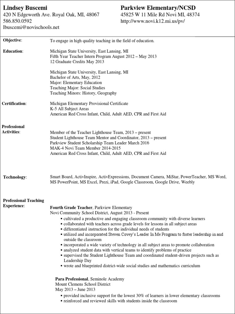 Lindsey Buscemi Resume 2016 | PDF | Michigan State University | Teachers