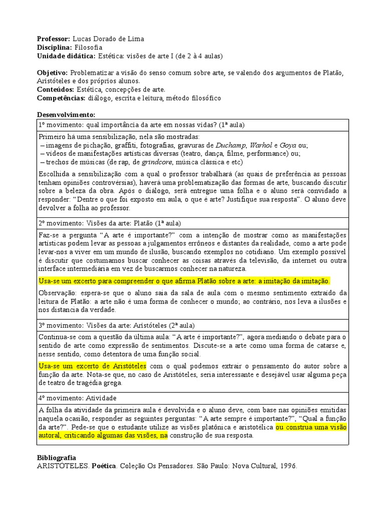 Plano de Aula SESI - Estética | PDF | Estética | Aristóteles