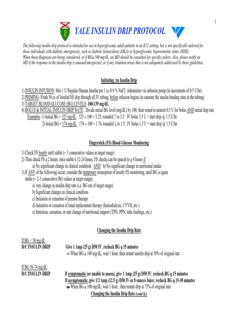 Yale Insulin Drip Protocol (Target 100 139) PDF | PDF | Hyperglycemia ...