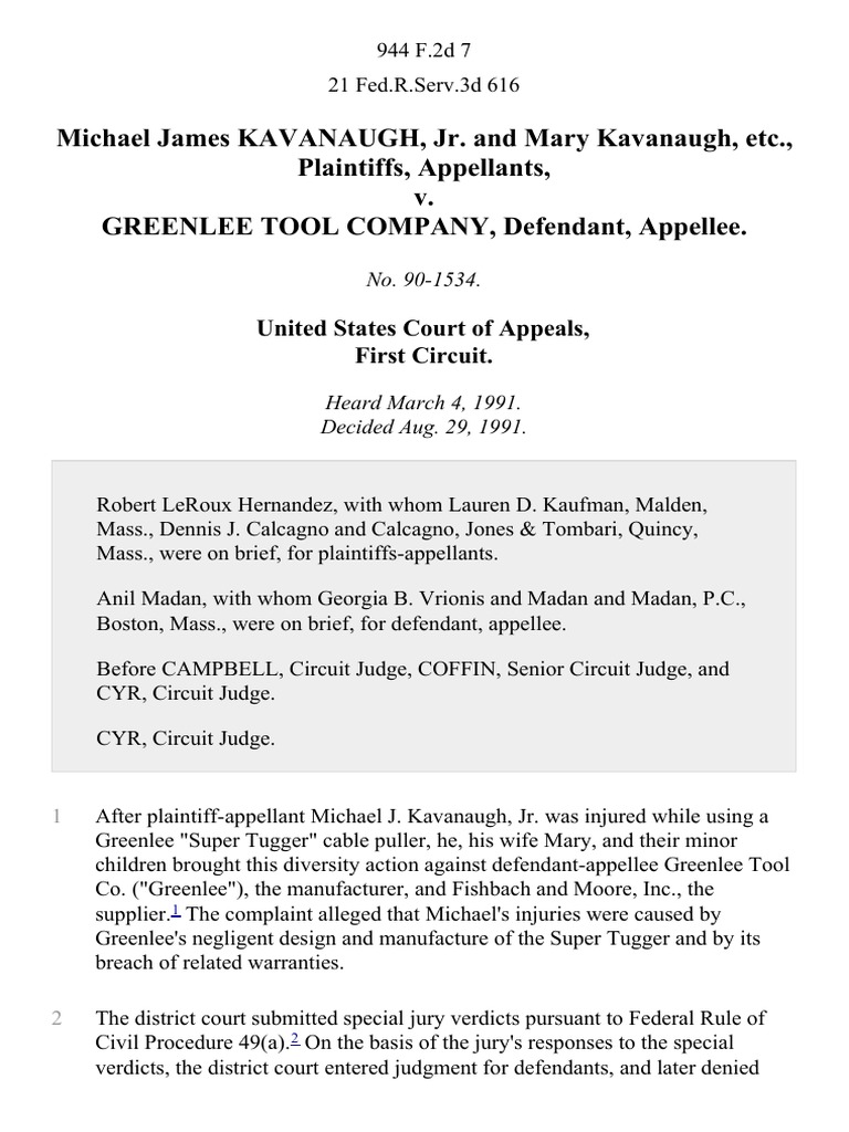 Michael James Kavanaugh, Jr. and Mary Kavanaugh, Etc. v. Greenlee Tool Company, 944 F.2d 7, 1st ...