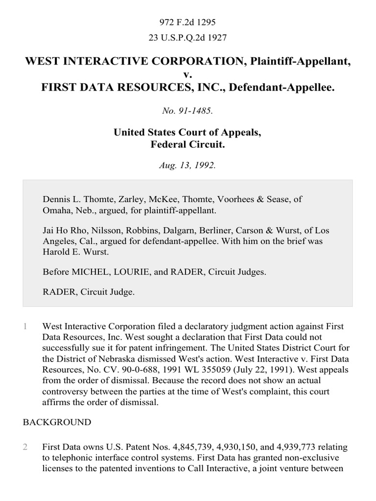 West Interactive Corporation v. First Data Resources, Inc., 972 F.2d ...