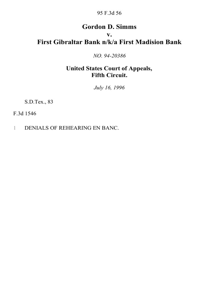 Gordon D. Simms v. First Gibraltar Bank N/k/a First Madision Bank, 95 F ...