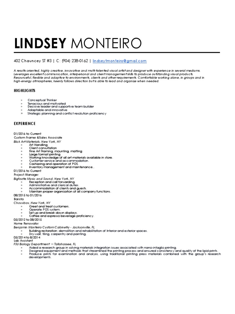 Lindsey Monteiro: Visual Artist CV | PDF | Point Of Sale | Design