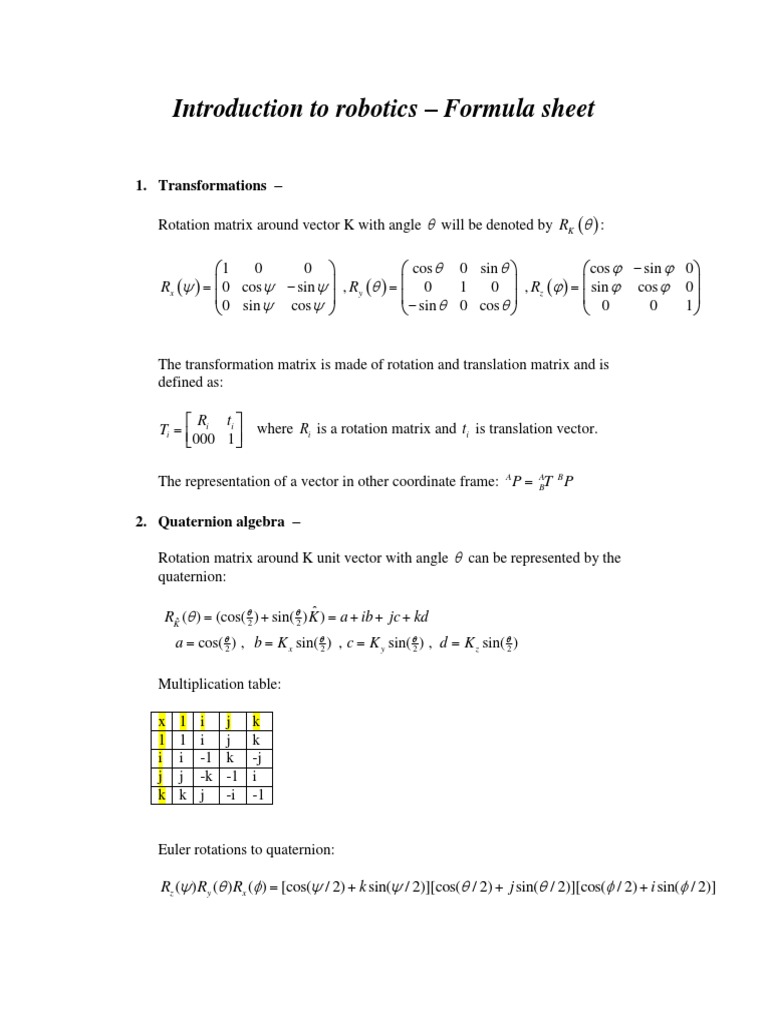 Introduction To Robotics - Formula Sheet: 1. Transformations | PDF