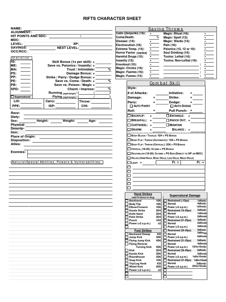 Interactive Rifts Character Sheet | Individual Sports | Combat Sports