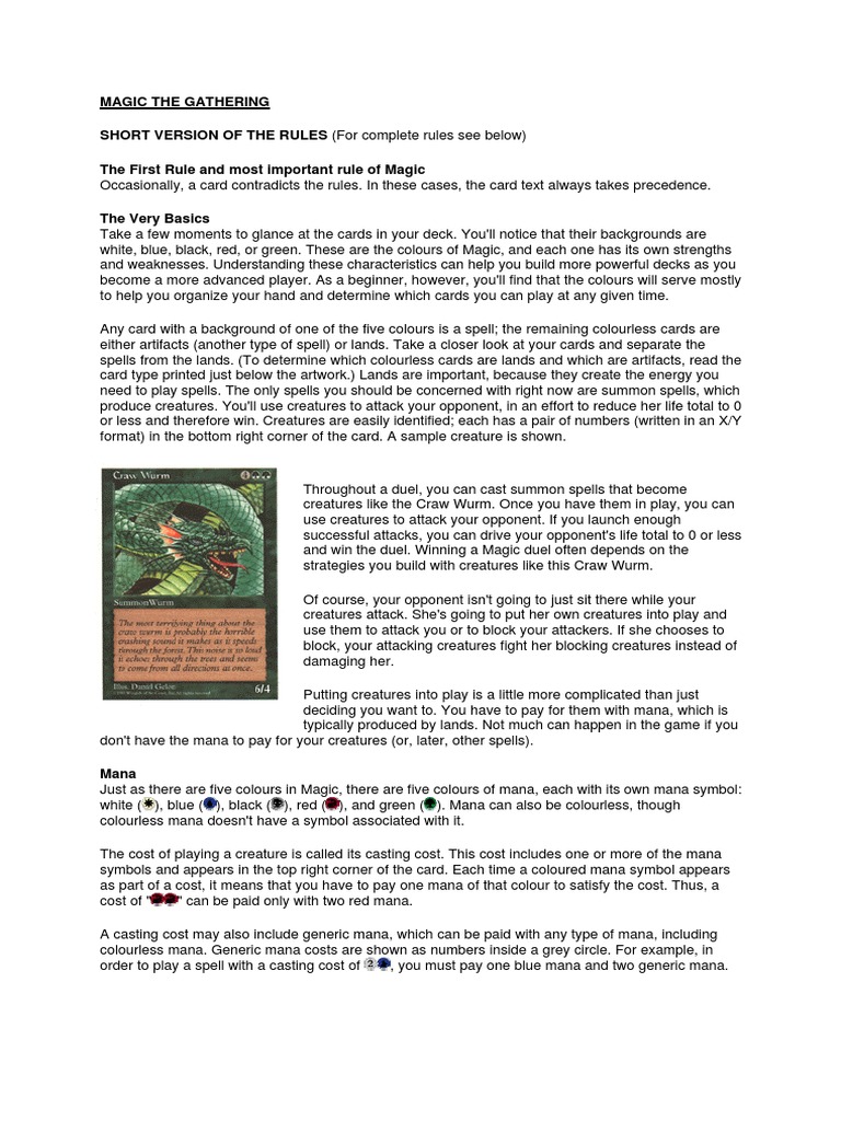 Magic The Gathering SHORT VERSION OF THE RULES (For Complete Rules See ...