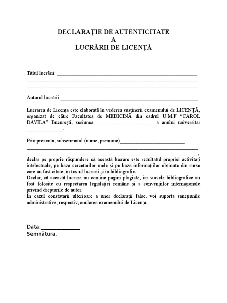 Formular Declaratie de Autenticitate a Lucrarii de Licenta