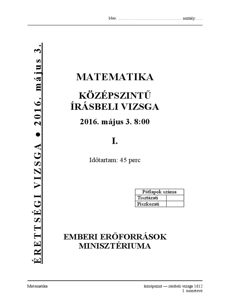 2016 Májusi Matematika Érettségi Feladatlap (Középszint) | PDF