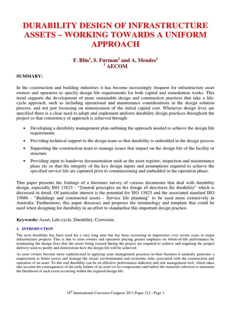 Durability Design of Infrastructure Assets - Towards A Uniformed ...