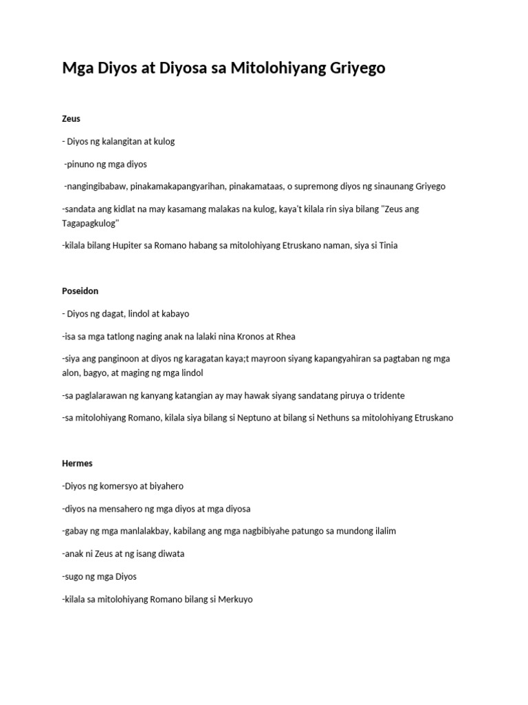 Mga Diyos at Diyosa Sa Mitolohiyang Griyego | PDF
