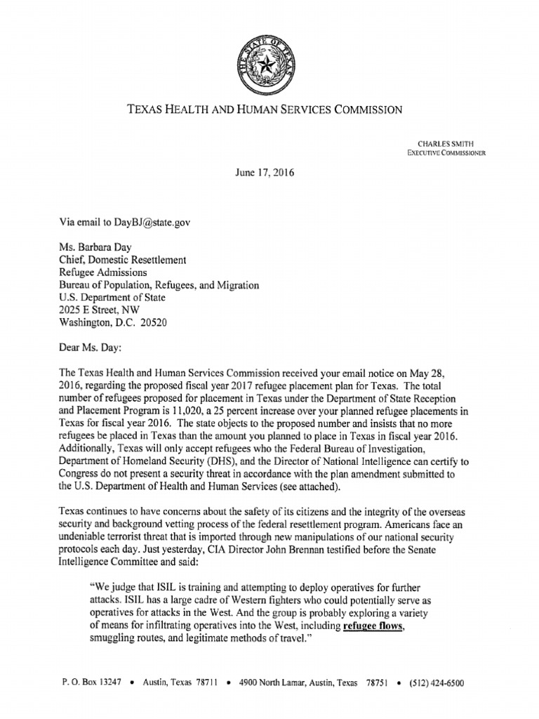 Texas HHS Letter To US Bureau Population Refugees Migration | PDF ...