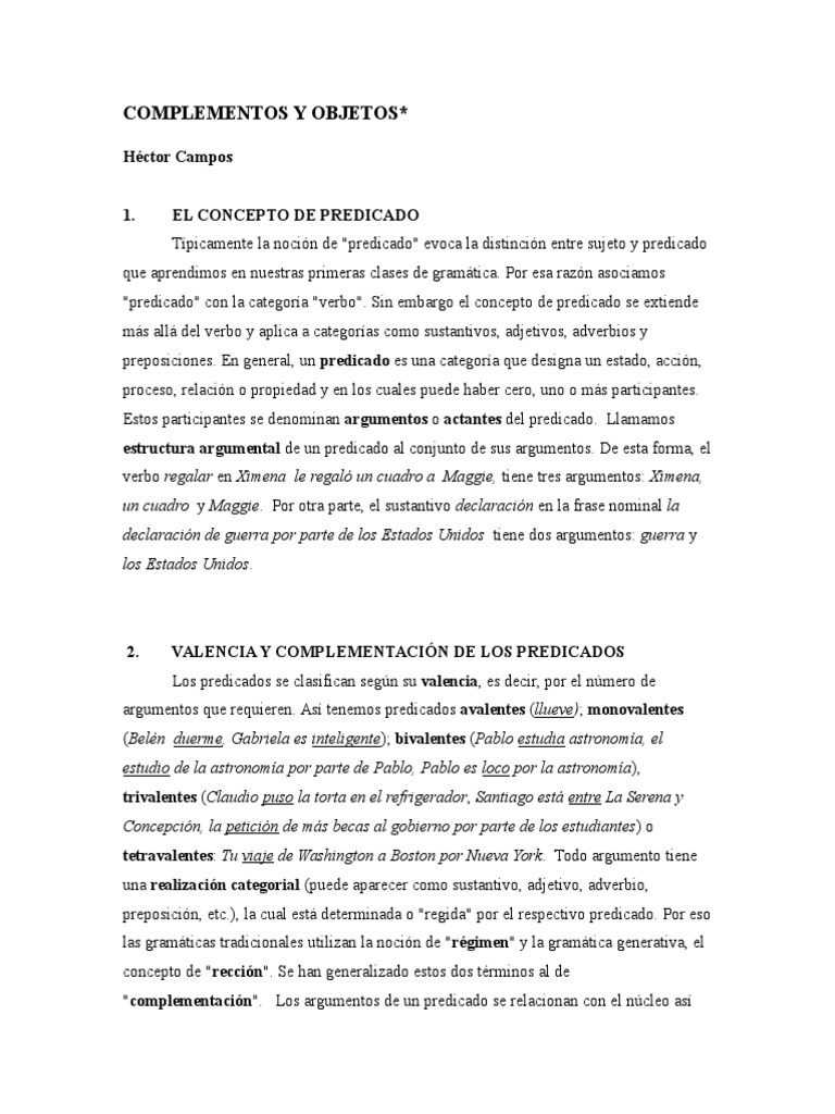 Complementos y Objetos | PDF | Objeto (gramática) | Verbo