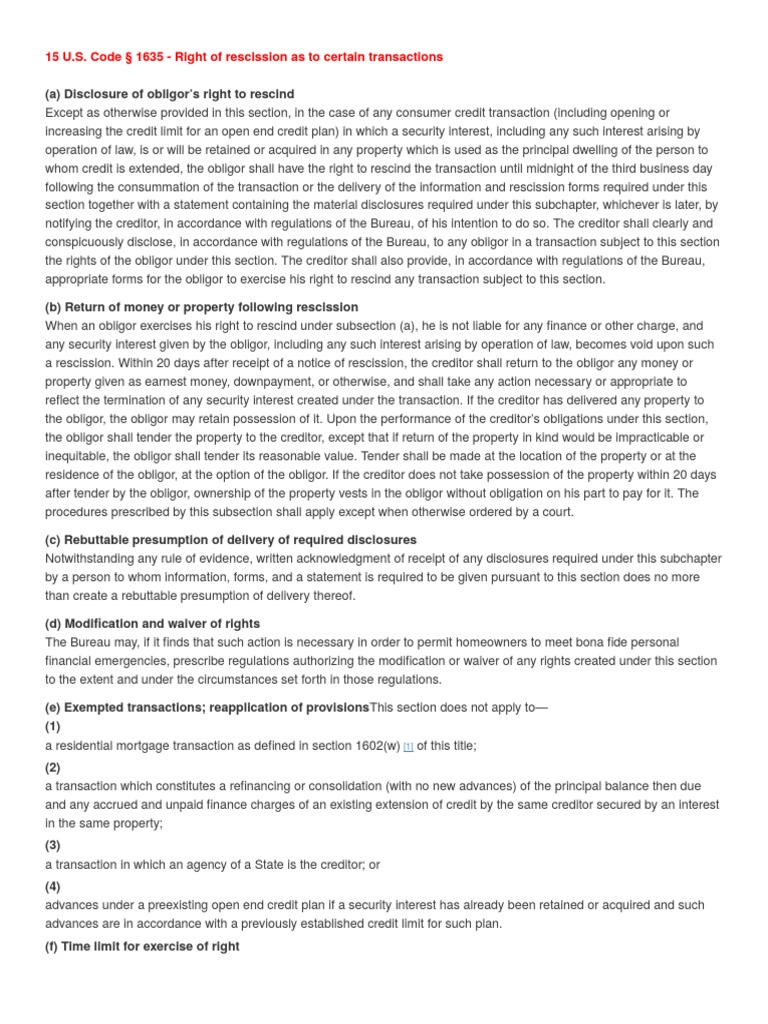 15 U.S. Code 1635 - Right of Rescission As To Certain Transactions ...