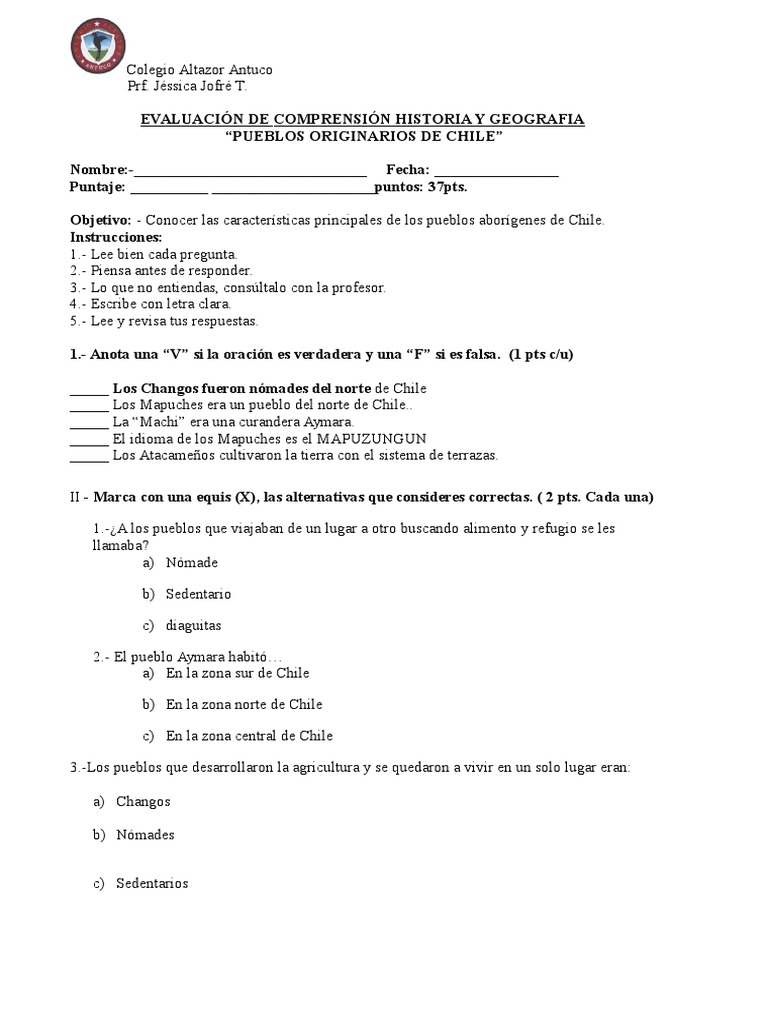 Prueba Sobre Los Pueblos Originarios | PDF | Ciencias sociales ...