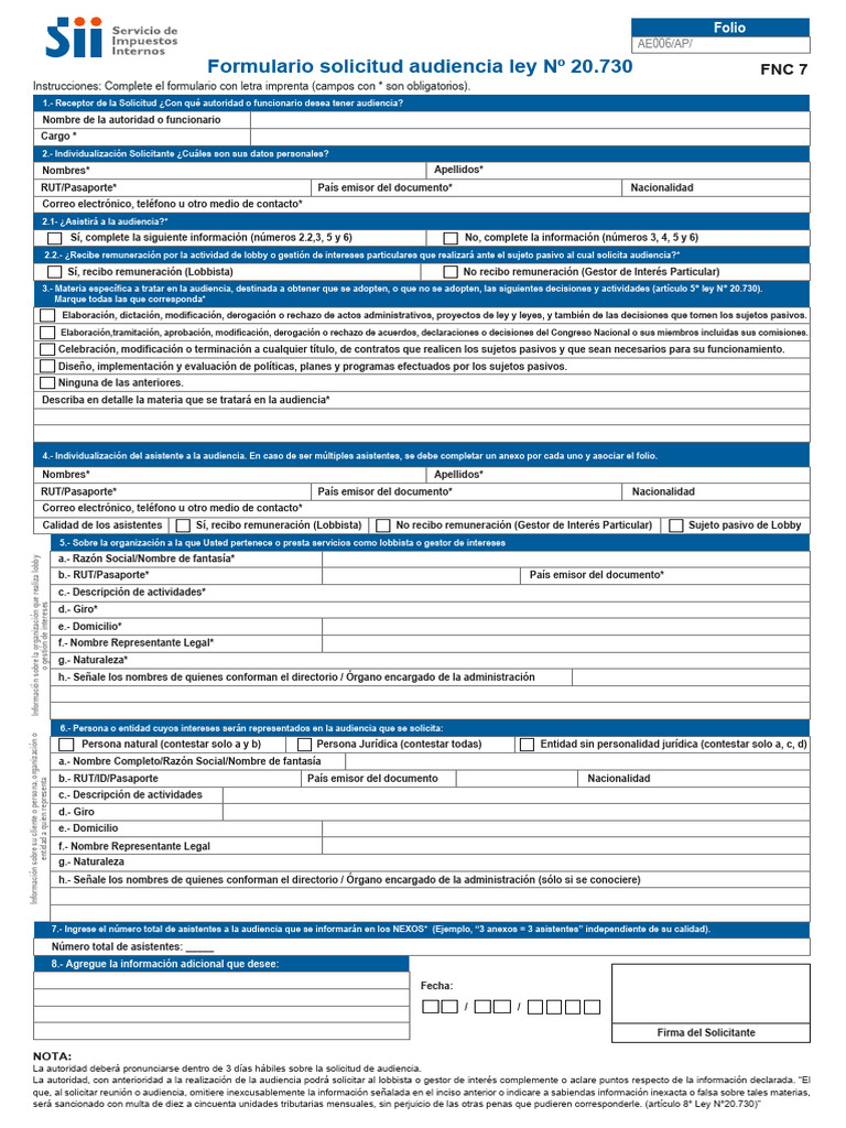 FNC7 Formulario Sii Descargable y Editable | PDF | Calidad (comercial ...