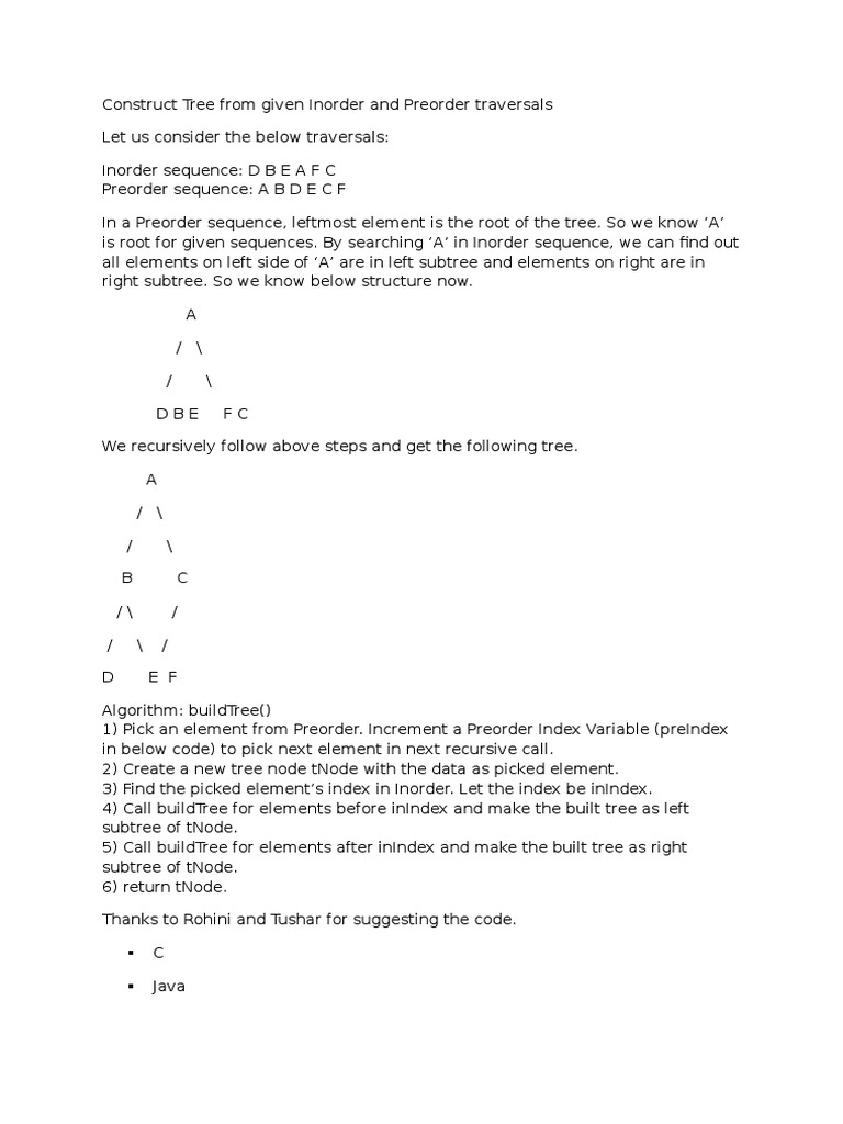 Construct Tree From Given Inorder and Preorder Traversals | PDF | Computer Programming | Areas ...