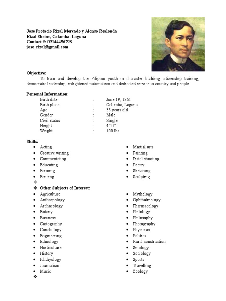 DR Jose Protacio Rizal Resume | PDF | Classics | General Fiction