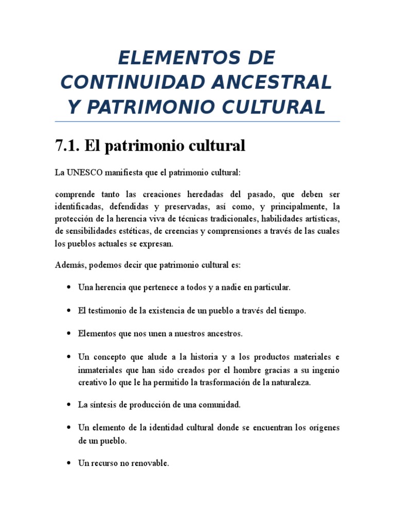 Elementos de Continuidad Ancestral y Patrimonio Cultural | PDF | Patrimonio cultural | Bienes (Ley)