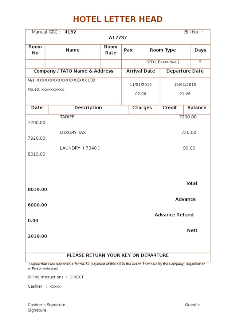 Sample Hotel Bill Format | PDF | Payments | Government Finances