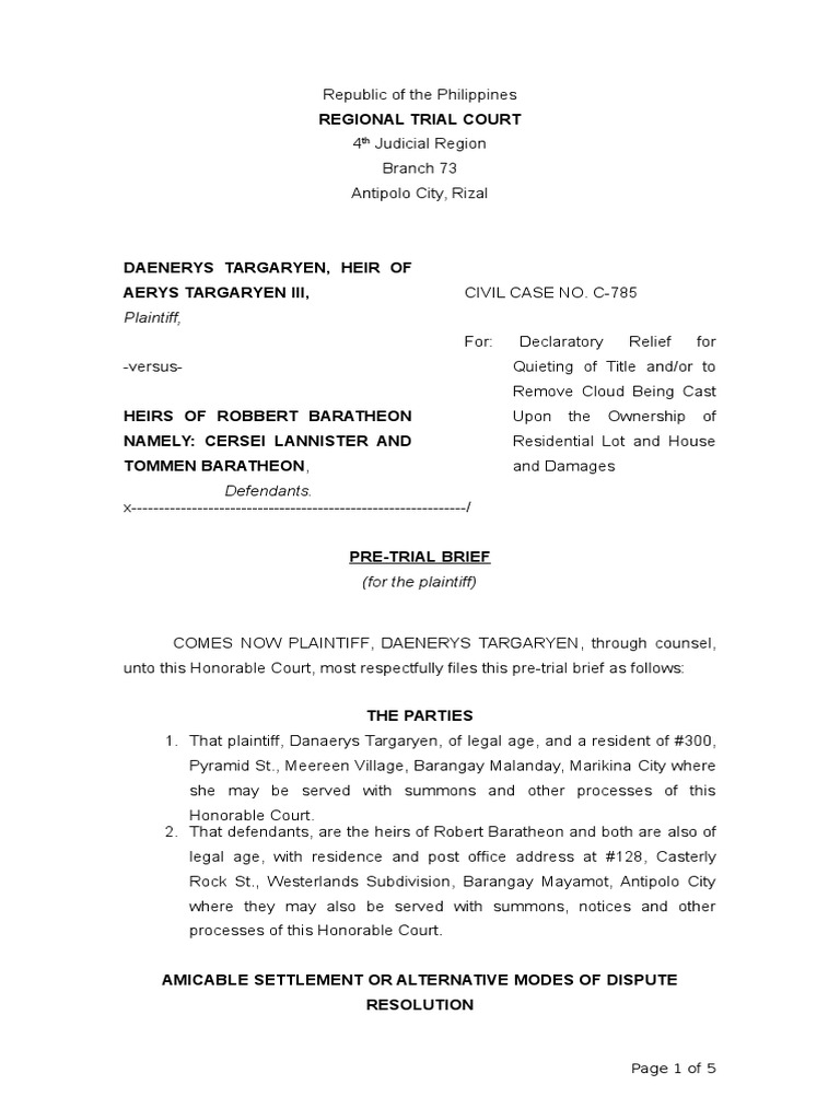 Pre-Trial Brief (Plaintiff) | PDF | Lawsuit | Virtue