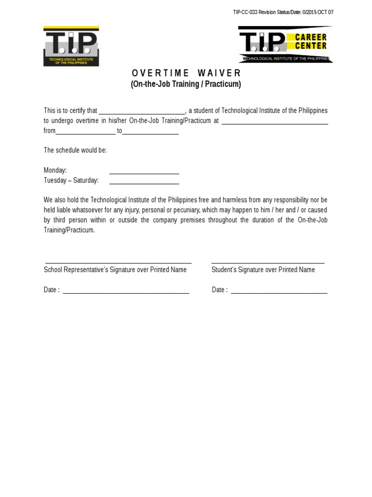 Overtime Waiver: (On-the-Job Training / Practicum) | PDF
