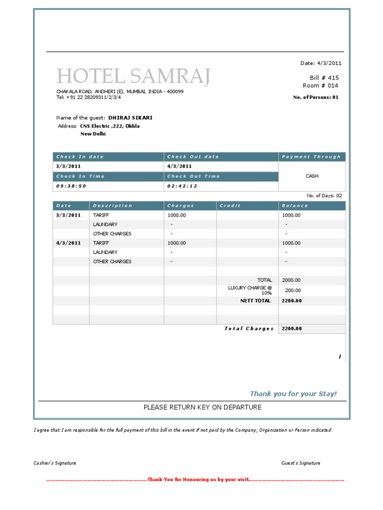 Hotel Samraj Bill Mumbai Acrobat Format | PDF
