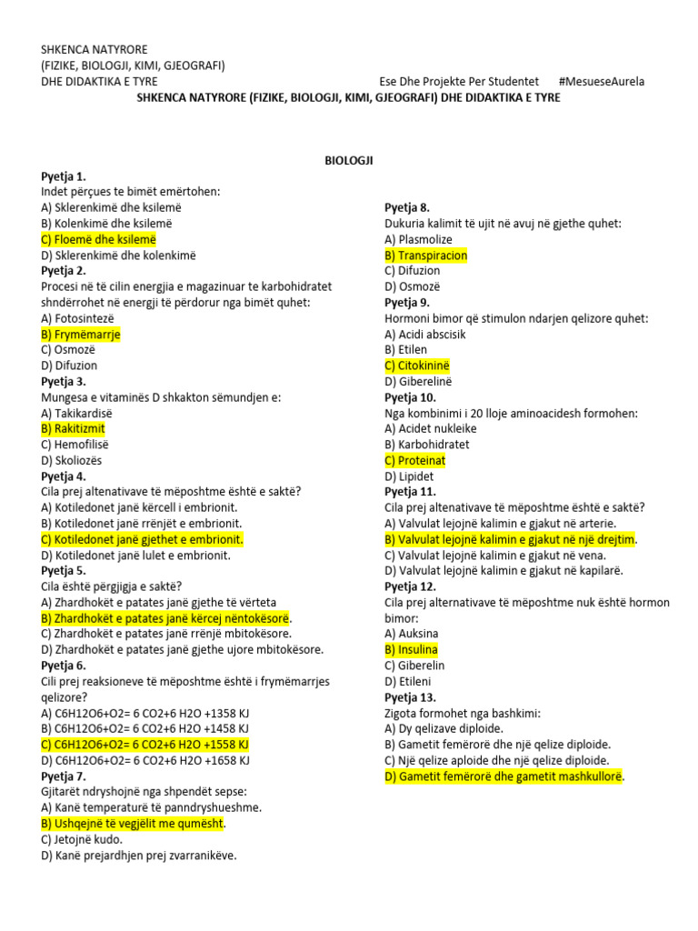 Shkenca Natyrore (Fizike, Biologji, Kimi, Gjeografi) Dhe Didaktika e Tyre | PDF