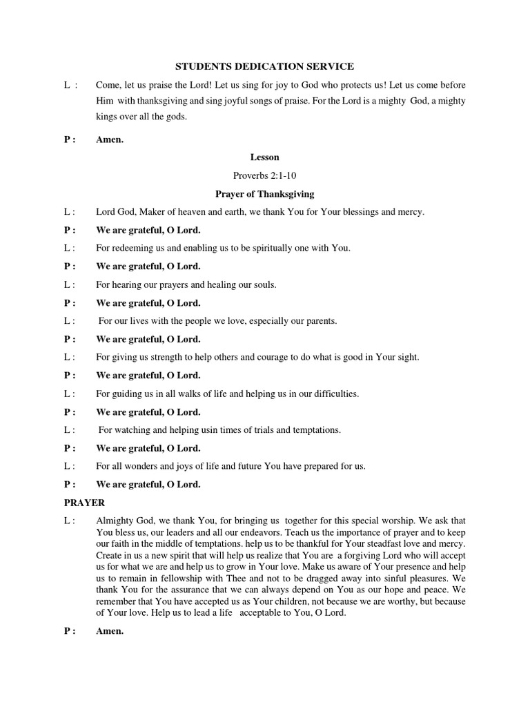 Students Dedication Service | PDF | Wisdom | Prayer