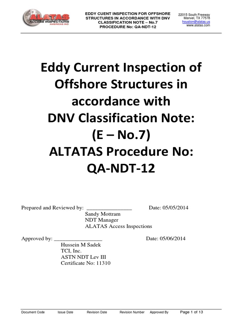 QA-NDT-12 ET DNV Classification Note 7 | PDF | Nondestructive Testing ...