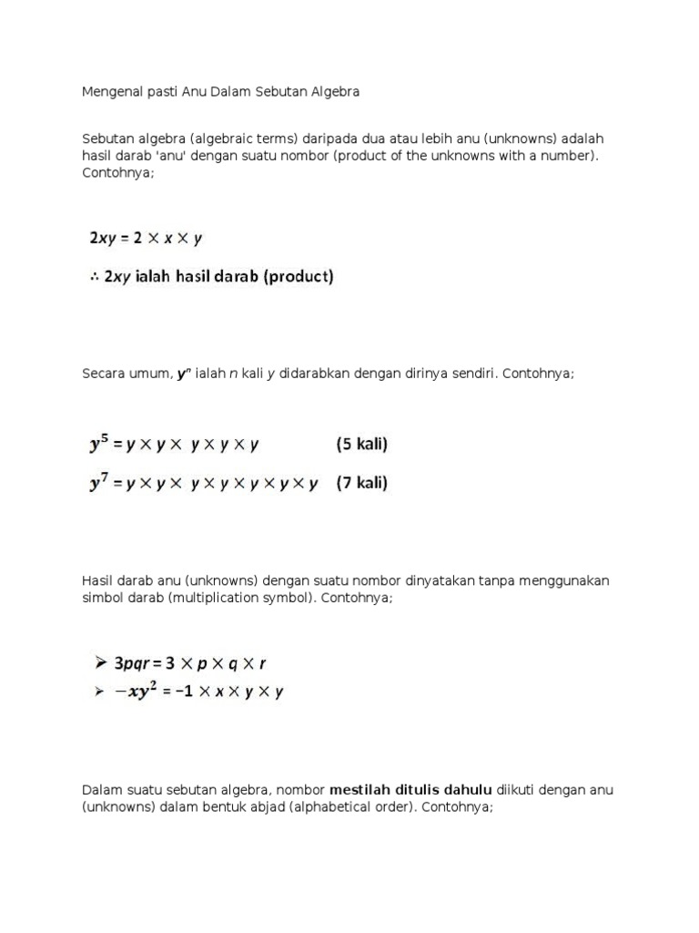 Mengenal Pasti Anu Dalam Sebutan Algebra | PDF