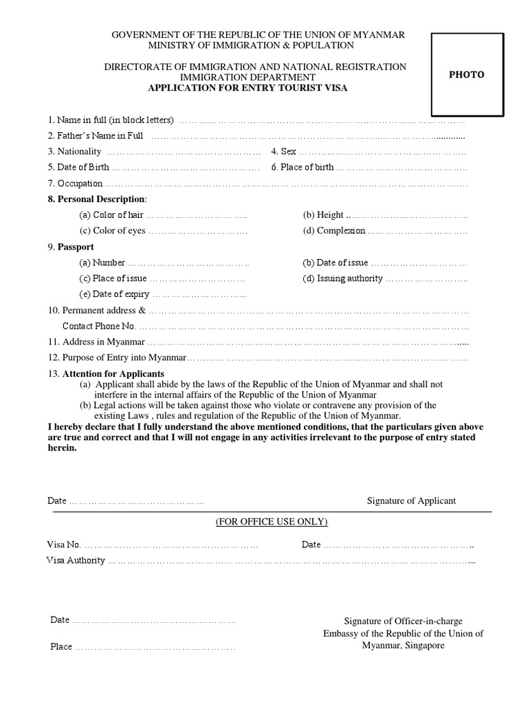 Myanmar Tourist Visa Form | PDF | Travel Visa | Passport
