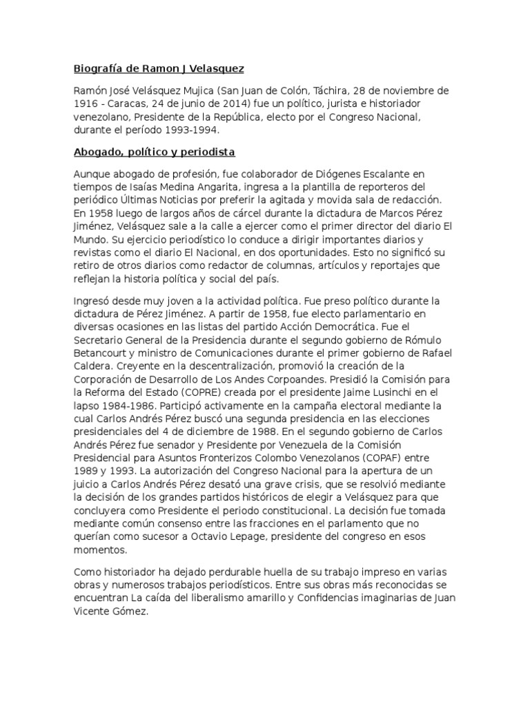 Biografía de Ramon J Velasquez | PDF | Gobierno | Jefes de estado
