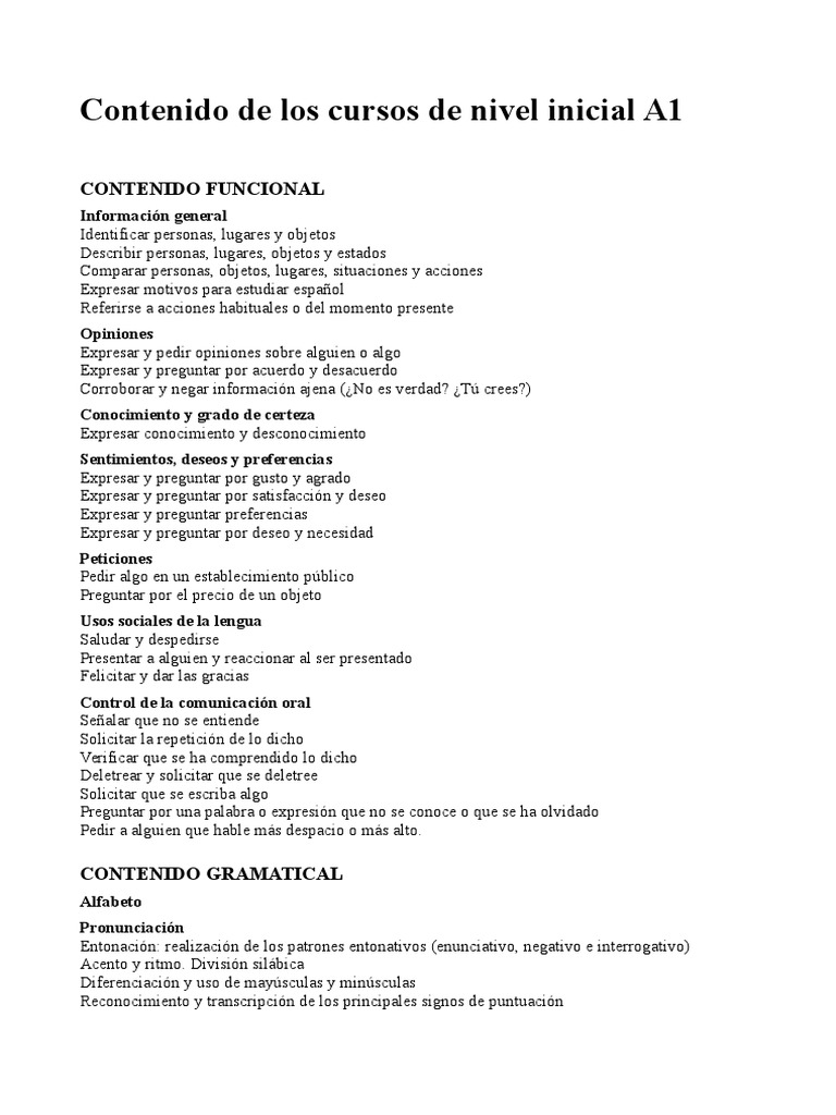 Curso Español A1: Contenidos Básicos | PDF | Verbo | Adjetivo