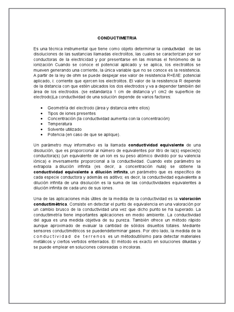 Conductimetría: Técnicas y Aplicaciones | PDF | Valoración | Química