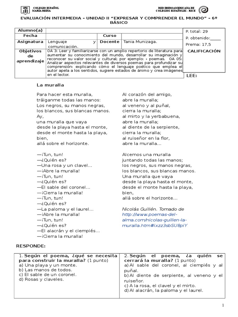 Prueba Poesía Sexto | PDF