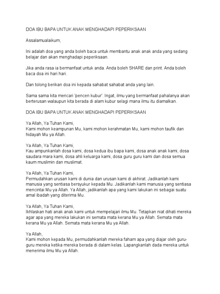 Doa Ibu Bapa Untuk Anak Menghadapi Peperiksaan | PDF | Pengembangan ...