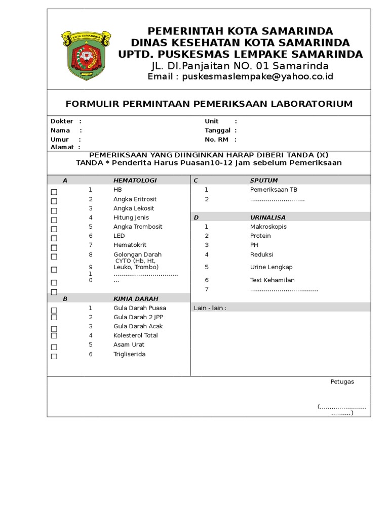 Formulir Permintaan Pemeriksaan Laboratorium | PDF