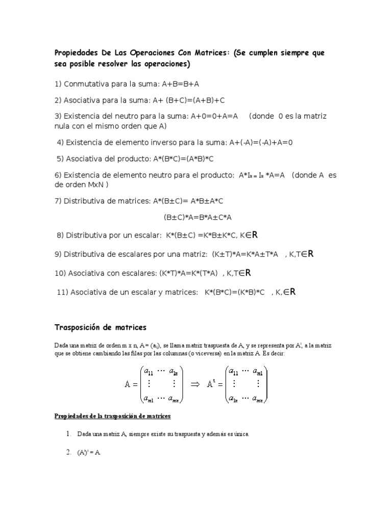 Propiedades de Las Operaciones Con Matrices | PDF | Matriz (Matemáticas) | Multiplicación