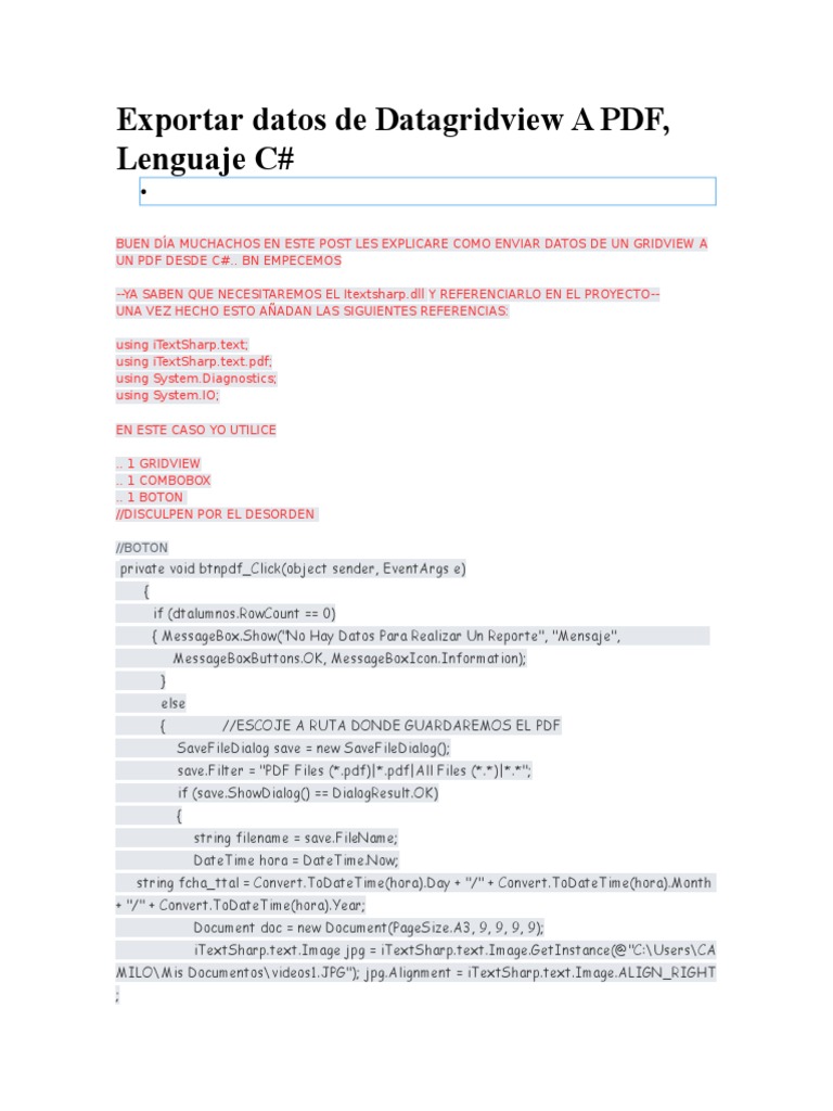 Exportar Datos de Datagridview A PDF | PDF