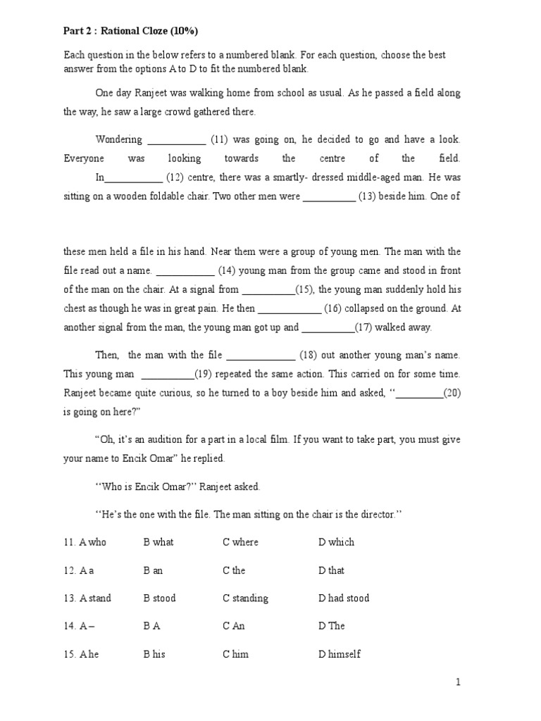 English Rational Cloze Form 1 | PDF