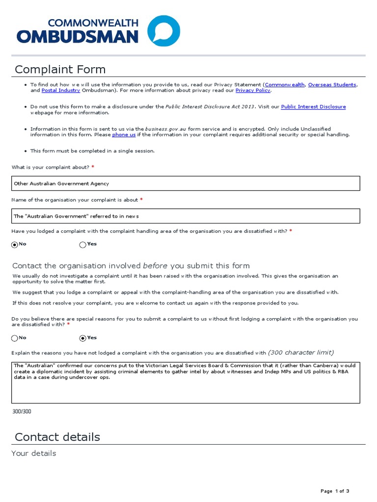 Ombudsman Complaint Submission Guide | PDF | Privacy | Plea