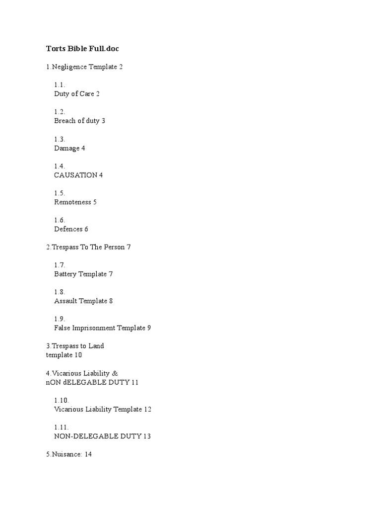 Torts Bible Full | PDF | Duty Of Care | Negligence