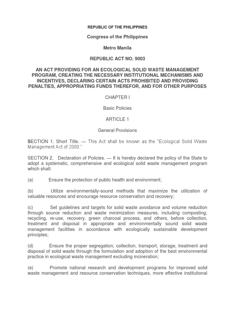 RA 9003 The Ecological Solid Waste Management Act of 2000 | PDF | Waste ...