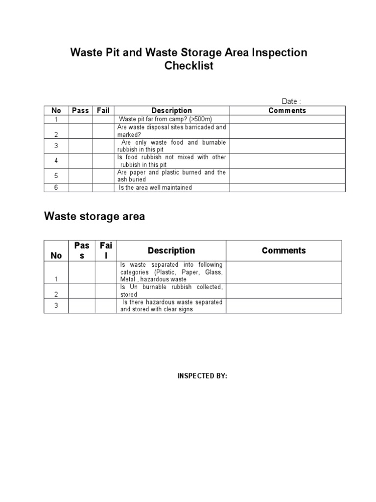 Waste Pit and Waste Storage Area Inspection Checklist | PDF