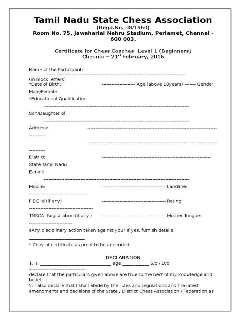 Registration Form Certificate For Chess Coaches | PDF