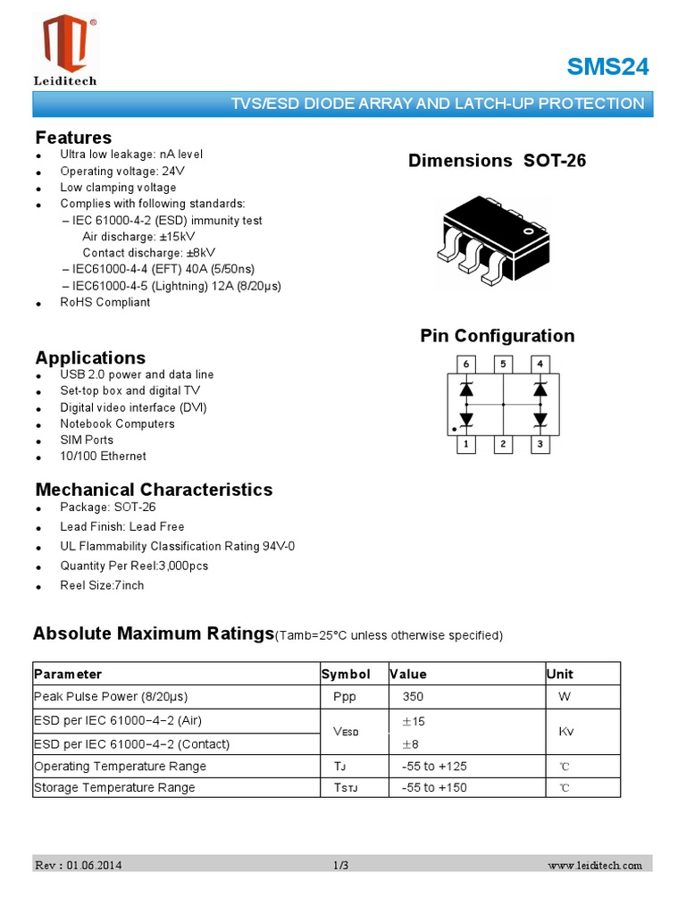Features Dimensions SOT-26: Tvs/Esd Diode Array and Latch-Up Protection ...