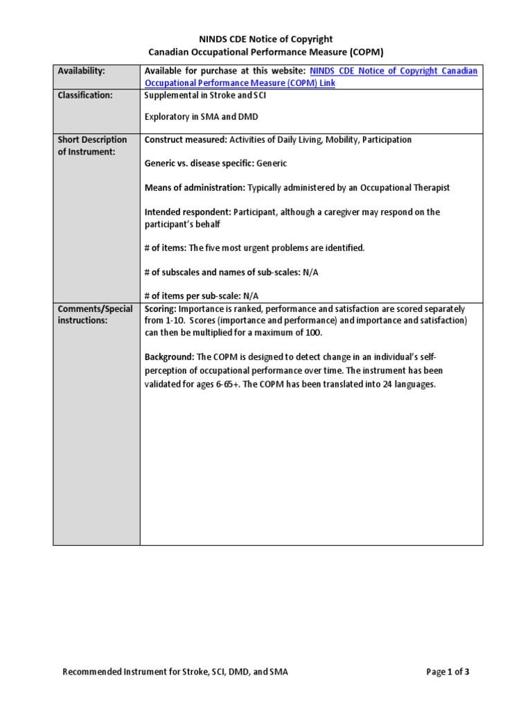 Canadian Occupational Performance Measure NOC Link | PDF | Physical ...